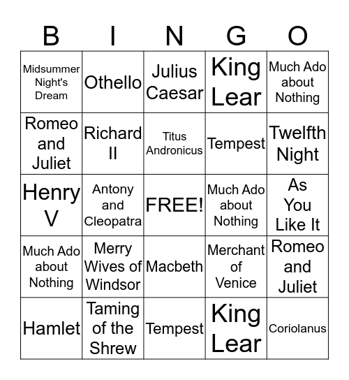 Shakespeare Bingo Card