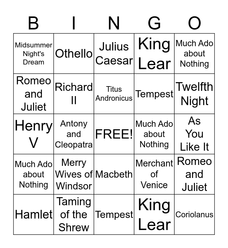 Shakespeare Bingo Card