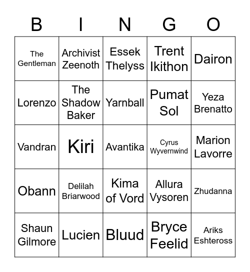 Critical Role NPCs Bingo Card