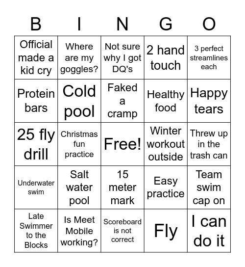 Swimming Bingo Card