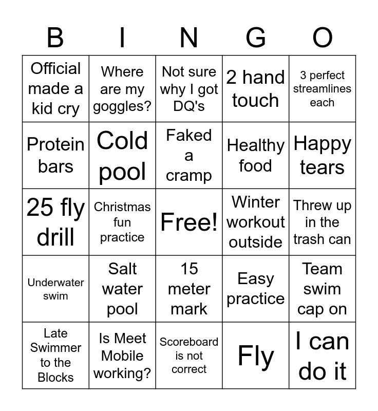 Swimming Bingo Card