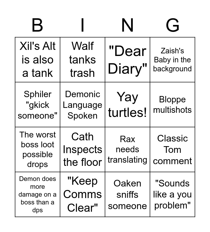 AFK Raid Bingo Card