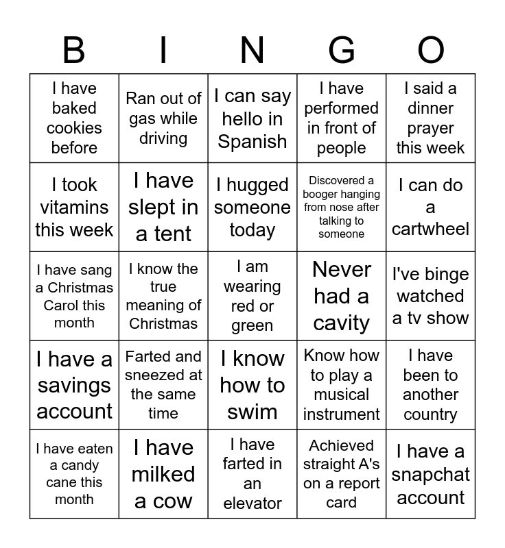 Christmas Eve Bingo Card