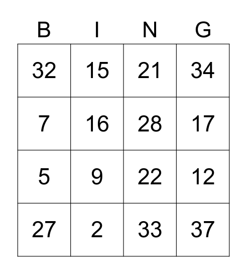 N F Bingo Card