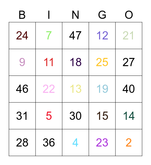 Numbers 1 to 50 Bingo Card