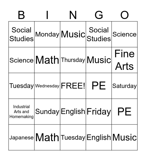 Days and School Subjects Bingo Card