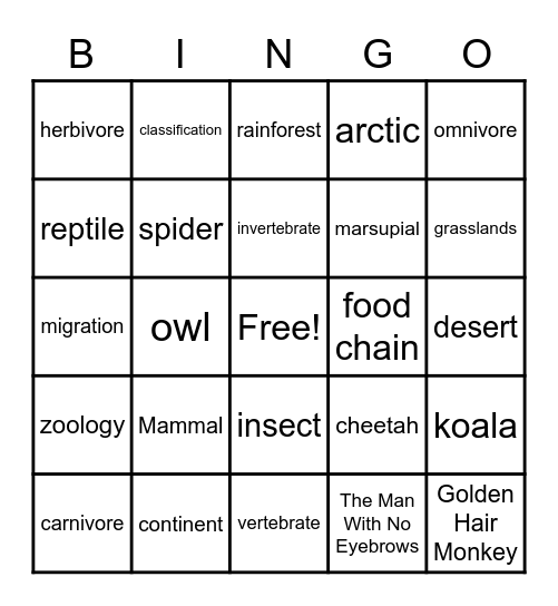 Zoology Bingo Card