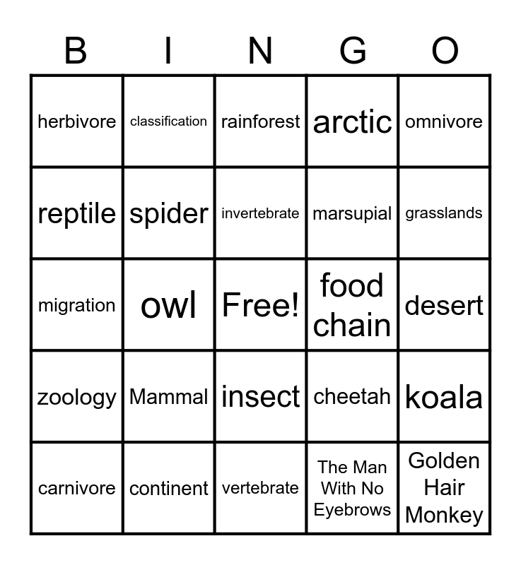 Zoology Bingo Card