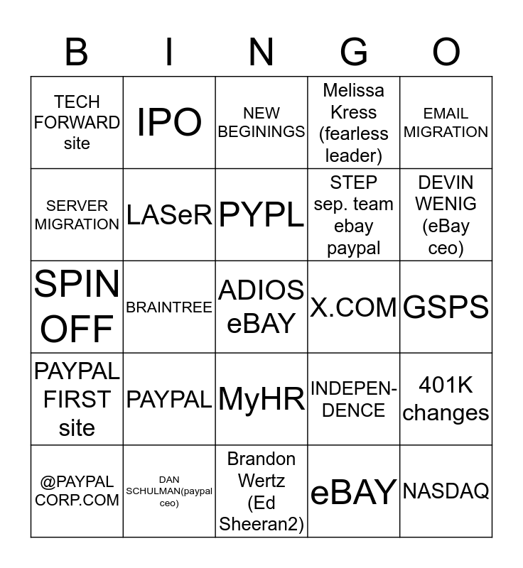 The Official eBay & PayPal Split BINGO Card
