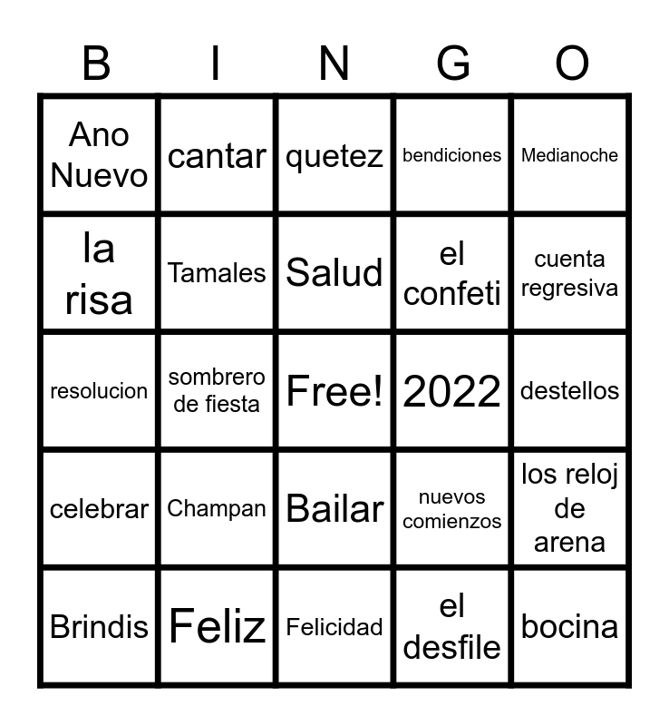 Feliz Ano Nuevo Bingo Card