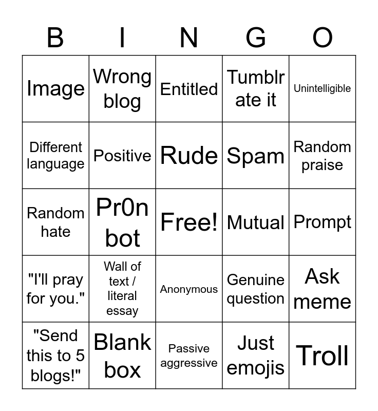 Tumblr Ask Bingo Card