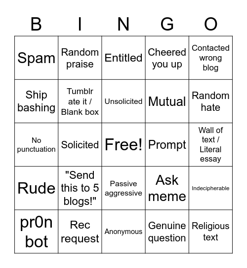 Tumblr Ask Bingo Card