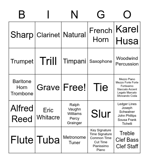 Bingo- Symphonic Band P3 Bingo Card