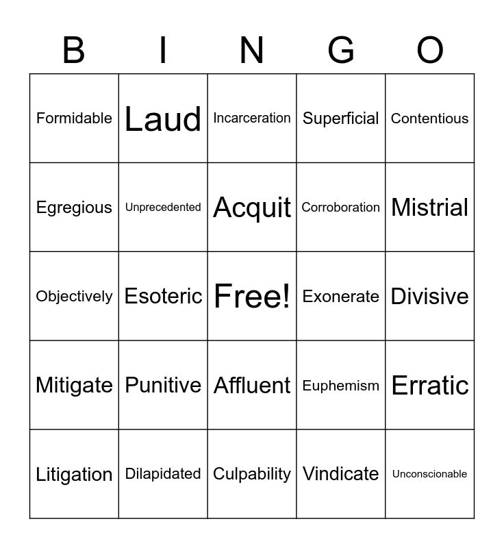 Just Mercy Vocab Bingo Card