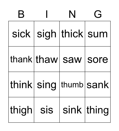 S vs. TH Bingo Card