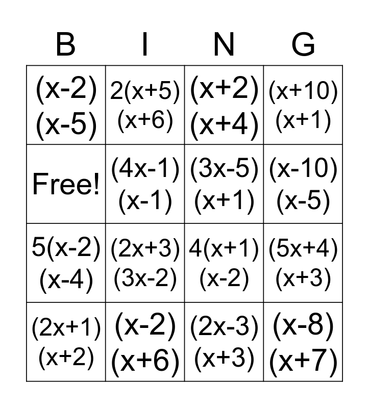 Factoring Bingo Card