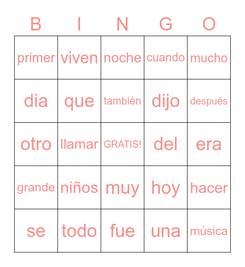 Palabras Frecuentes Bingo Card