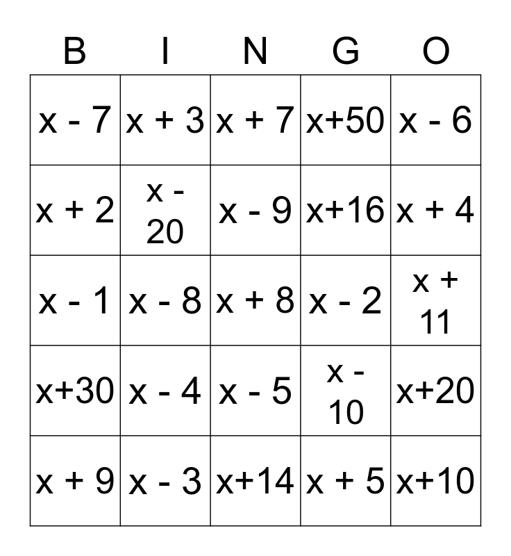 Factoring Bingo Card
