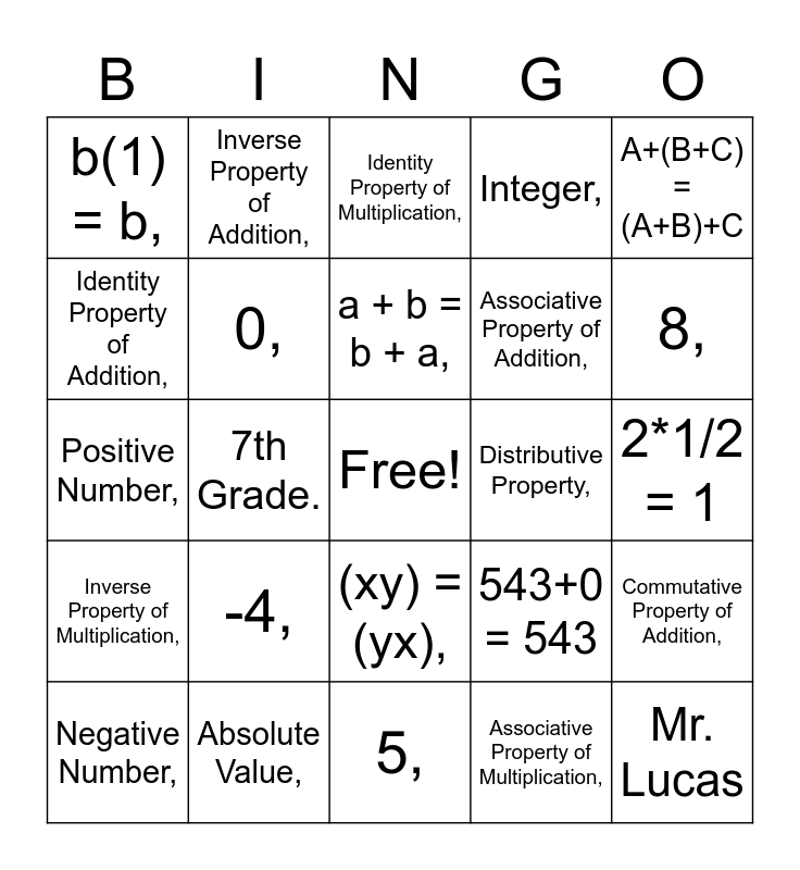 Math Properties Bingo Card Math Properties Bingo Card