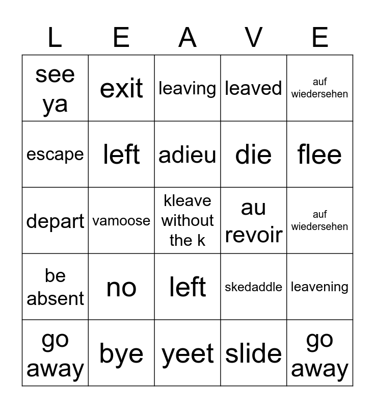 Go Away Bingo Card