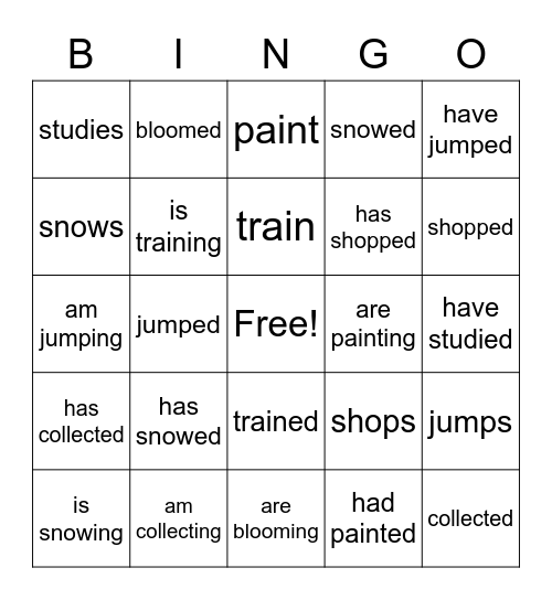 Principal Parts of Regular Verbs Bingo Card