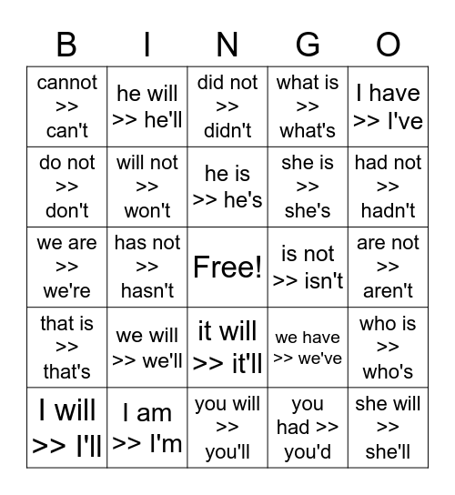 Contractions Bingo Card