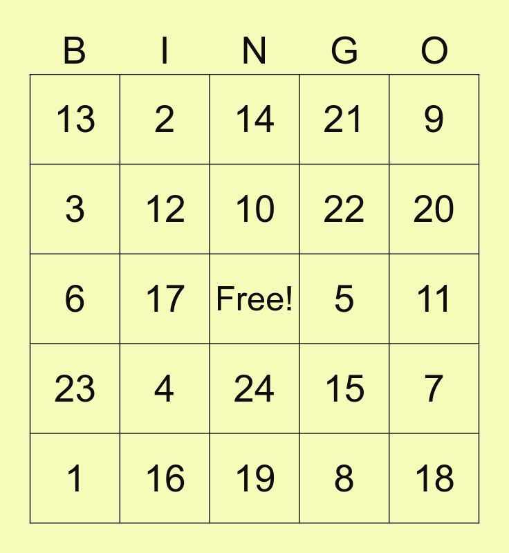 数字 shù zì Bingo Card