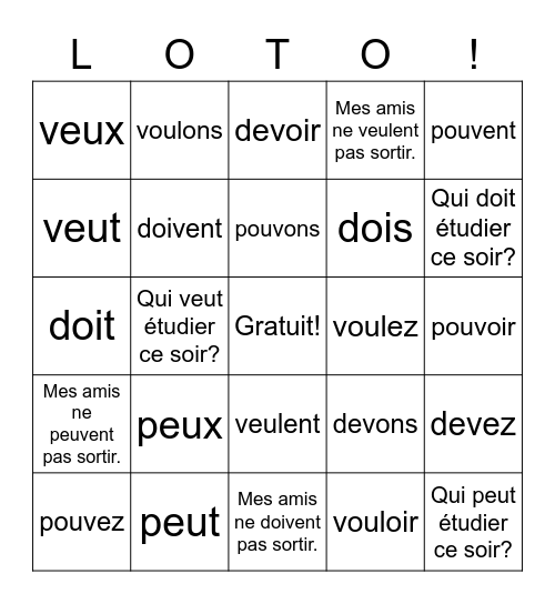 Les verbes vouloir, pouvoir, devoir Bingo Card