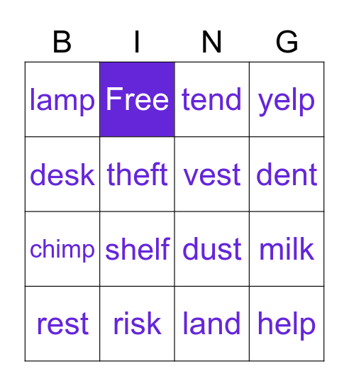 Final Consonant Blends BINGO Card