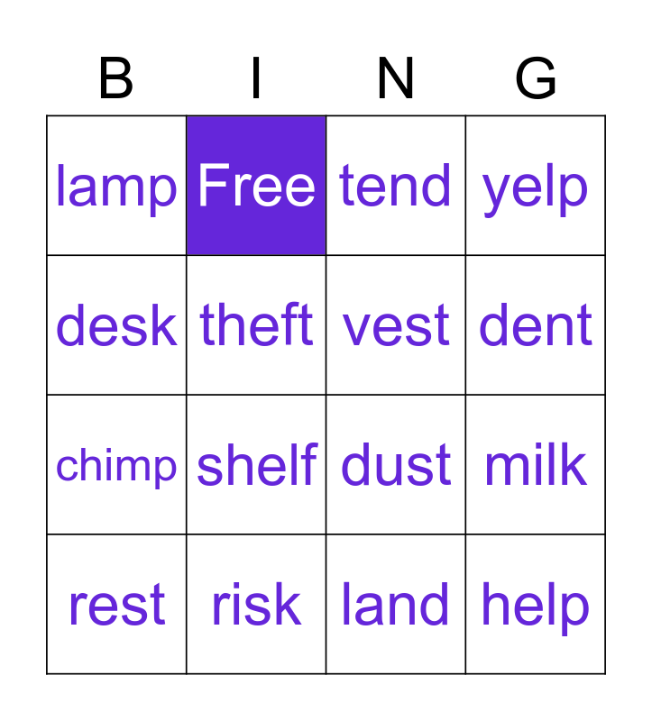 Final Consonant Blends BINGO Card