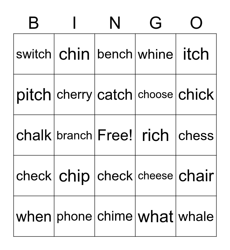 digraphs ch wh ph bingo Card