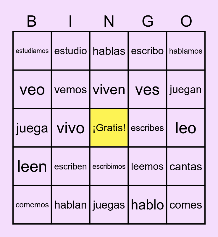 Regular -ar/-er/-ir verbs Bingo Card