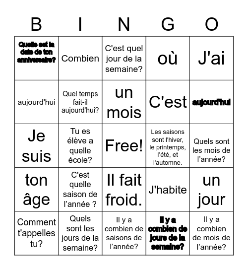Les questions importantes en français Bingo Card