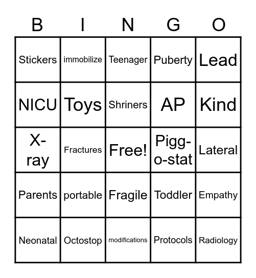 Pediatric Bingo Card