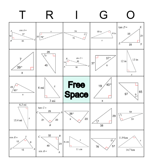 Trig Ratio Bingo Card