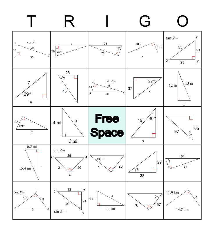 Trig Ratio Bingo Card