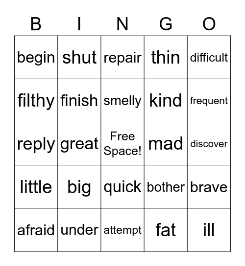 Synonym Bingo Card