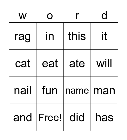 key word Bingo Card