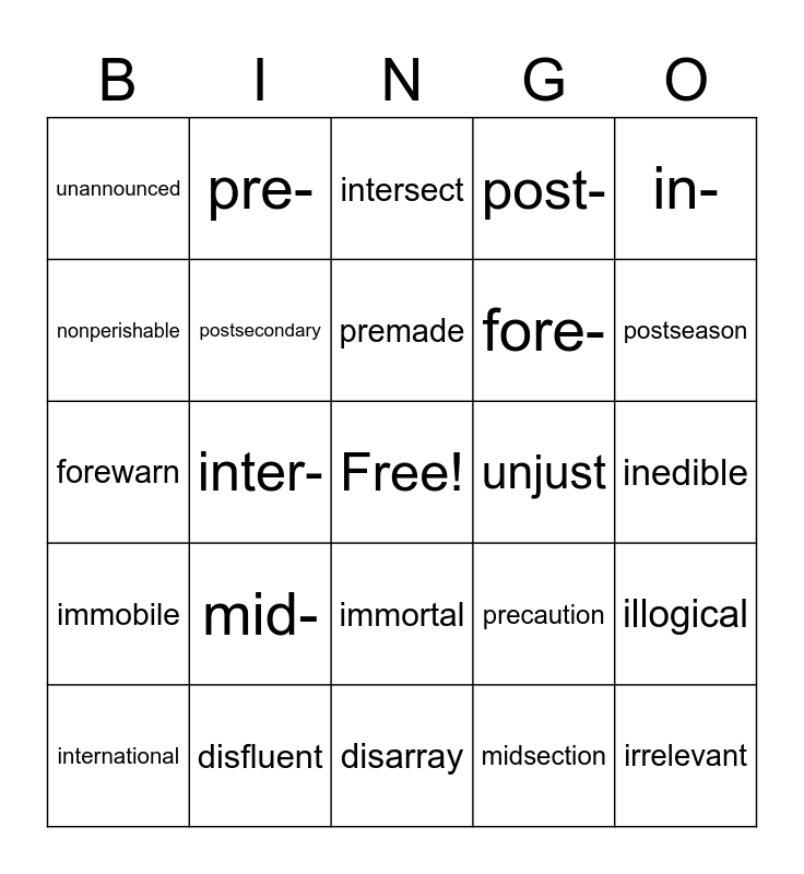"NOT" & "POSITION" Family Prefixes Bingo Card