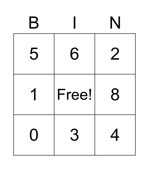 NUMBER BINGO 1-8 Bingo Card