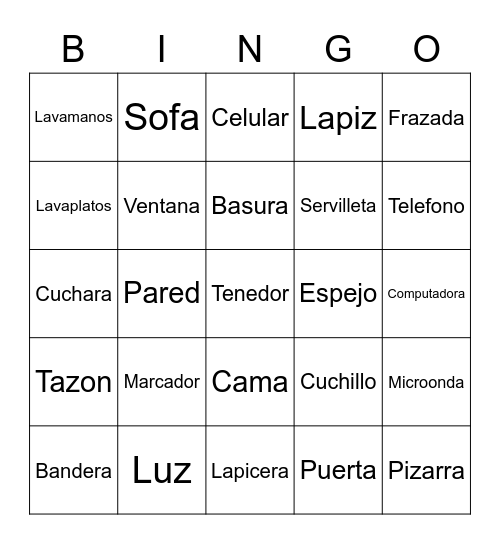 Objetos en el Cuarto Bingo Card