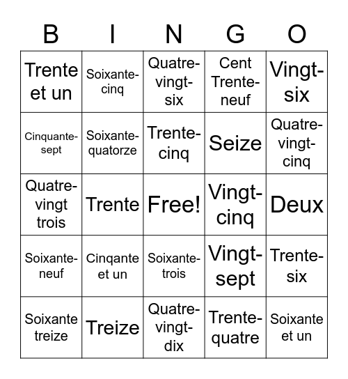 LES NOMBRES Bingo Card