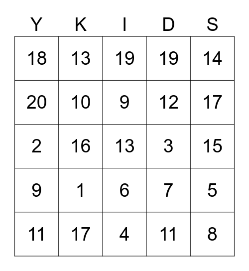 1st Grade Math Bingo Card