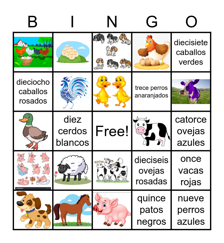 numeros, colores y animales de la granja Bingo Card