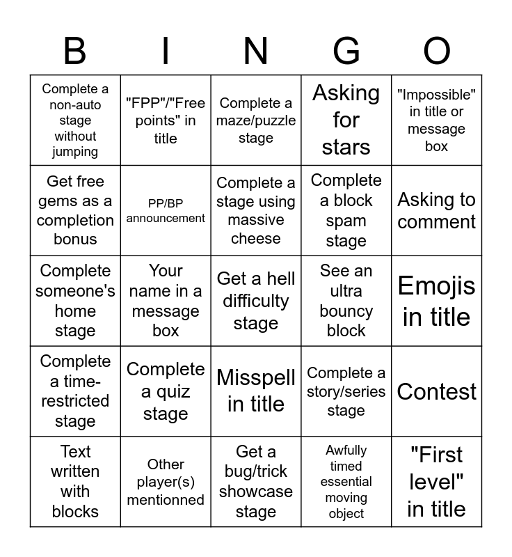 Block Bros Quickplay Bingo Card