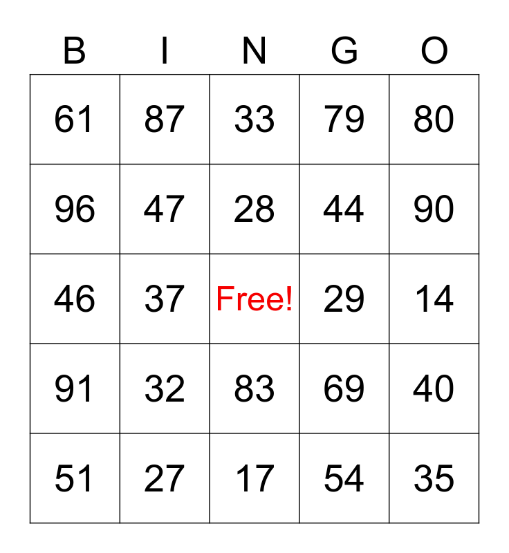 Number Bingo 1-100 Bingo Card