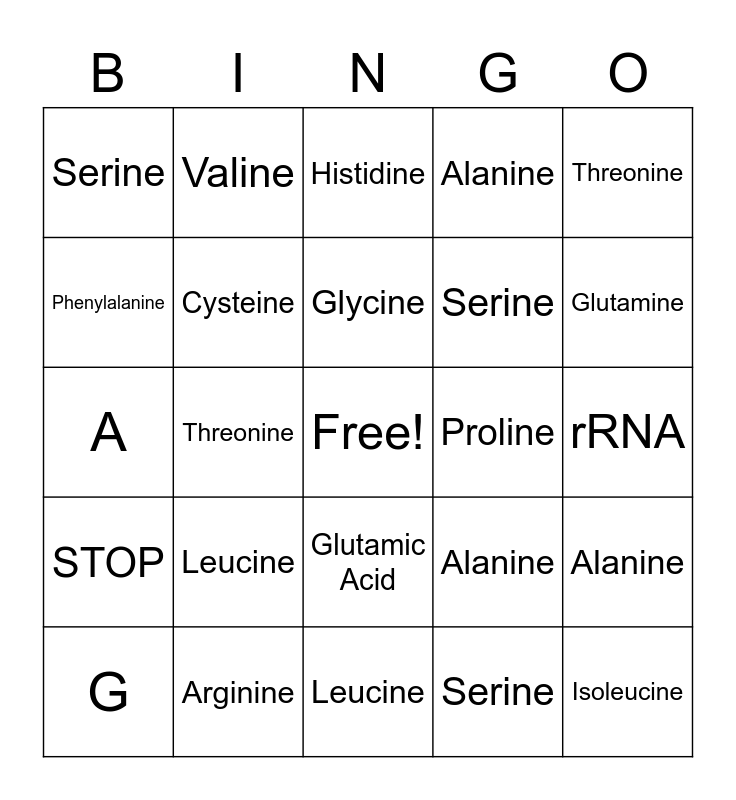 Transcription and Translation Bingo Card