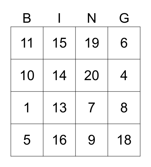 NUMBERS 1-20 Bingo Card
