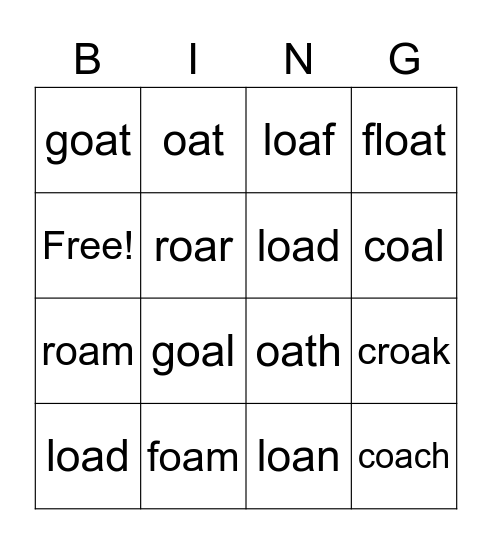 OA Words Bingo Card