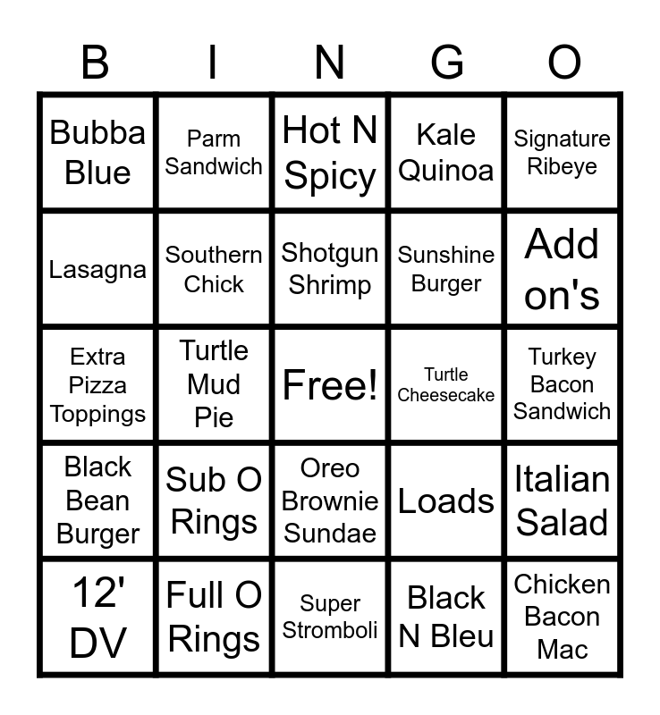 Bubba's Bingo Card